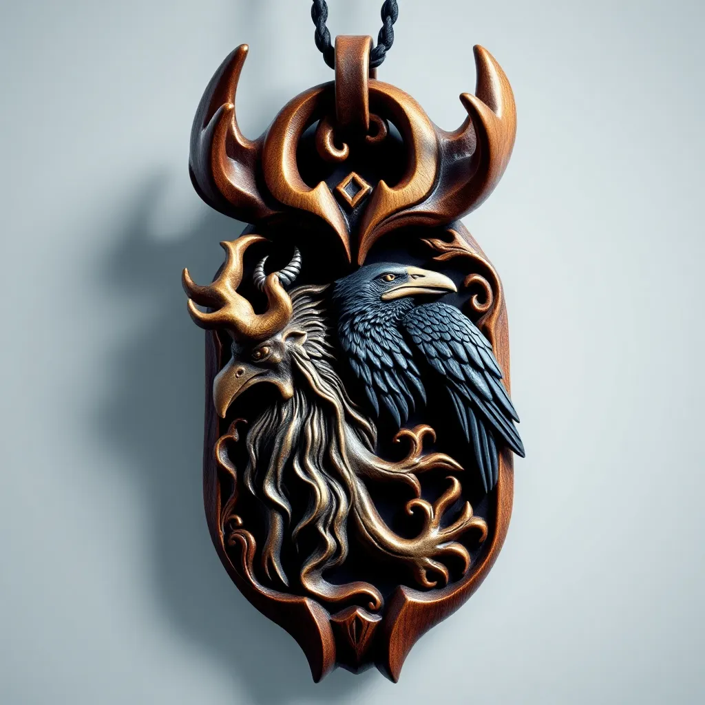 Hand-Carved Moose Antler Amulet Featuring Odin and Raven : MysteryLores